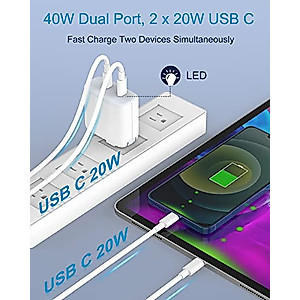Dual USB C Charger Block for iPhone 14, 14 Pro Max, 13, 13 Pro, 12, 12 Pro, 11, 11 Pro, iPad Pro, iPad Air, Samsung Galaxy, Google Pixel, Magsafe, iWatch, AirPod, 40W / 2 x 20W USB C Wall Charger