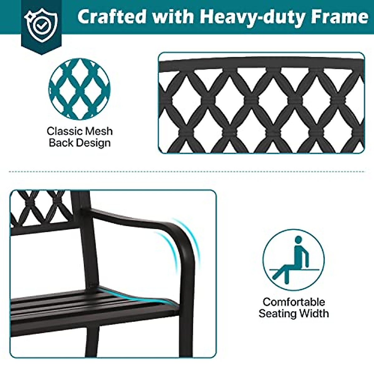 Yewuli 50" Metal Bench Outdoor Garden Benches Porch Patio Bench Weatherproof, Modern Park Benches for Outside Patio Furniture Loveseats Decor Cast Iron Frame, Black