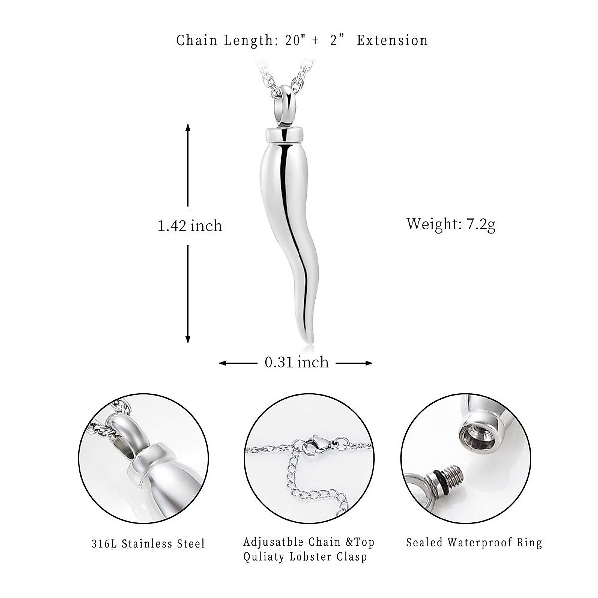 shajwo Cremation Jewelry for Ashes Italian Horn Shape Urn Pendant Necklaces for Ashes Memorial Keepsake Necklace Jewelry for Men Women (Silver)