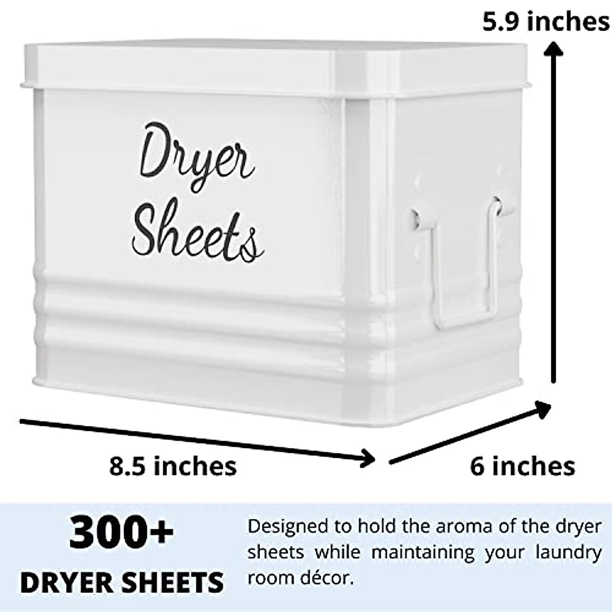 QUILIVIK Farmhouse Metal Dryer Sheet Holder for Laundry Room with Hinged Lid - Large Metal Fabric Softener Dispenser - Dryer Sheet Container with Tray.(Glossy White)