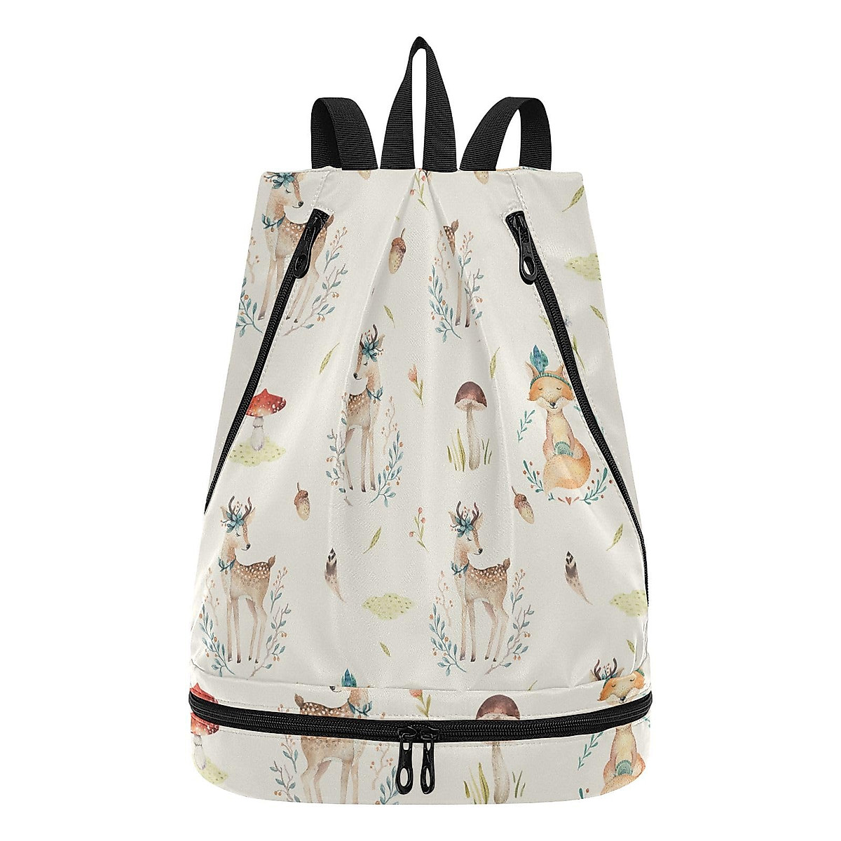 Cute Baby Foxes Deer Animal Backpack Beach Bag with Shoe Compartment Waterproof Gym Bag, Beach Backpack for Women