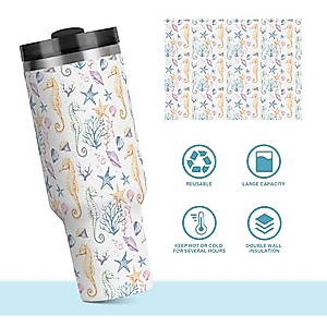 SDMKA 30oz Stainless Steel Tumbler with Straw and Handle, Vacuum Insulated Double-Walled Travel Mug, BPA-Free Leakproof Cup for Hot/Cold Beverages, Watercolor Seahorses