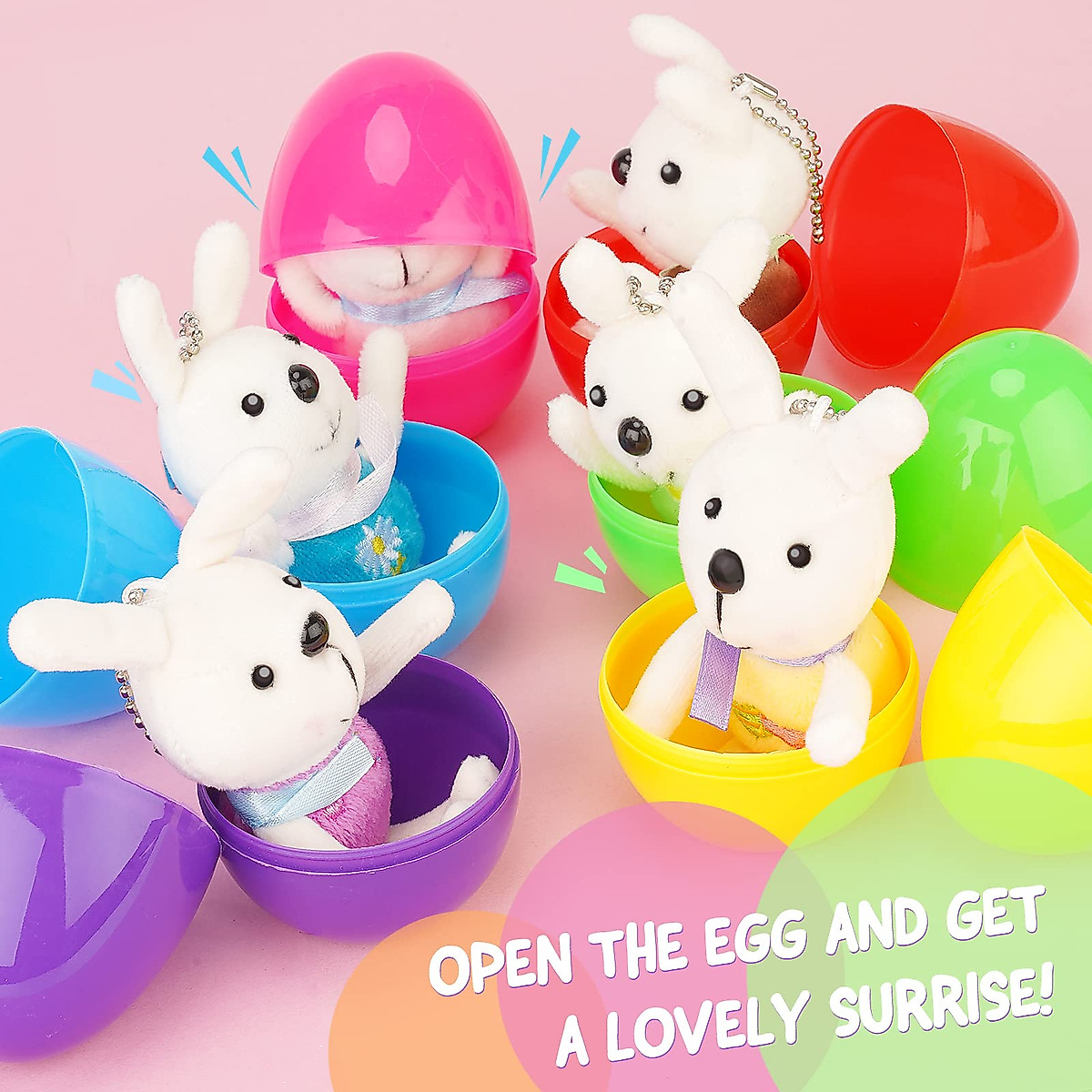CAKKA Easter Eggs with Toys Inside, 12 Pack Prefilled Easter Eggs with Bunny Animal Plush, 3” Pre Filled Plastic Easter Eggs, Easter Fillers Stuffers Toys for Toddlers 1-3 Baby Girls