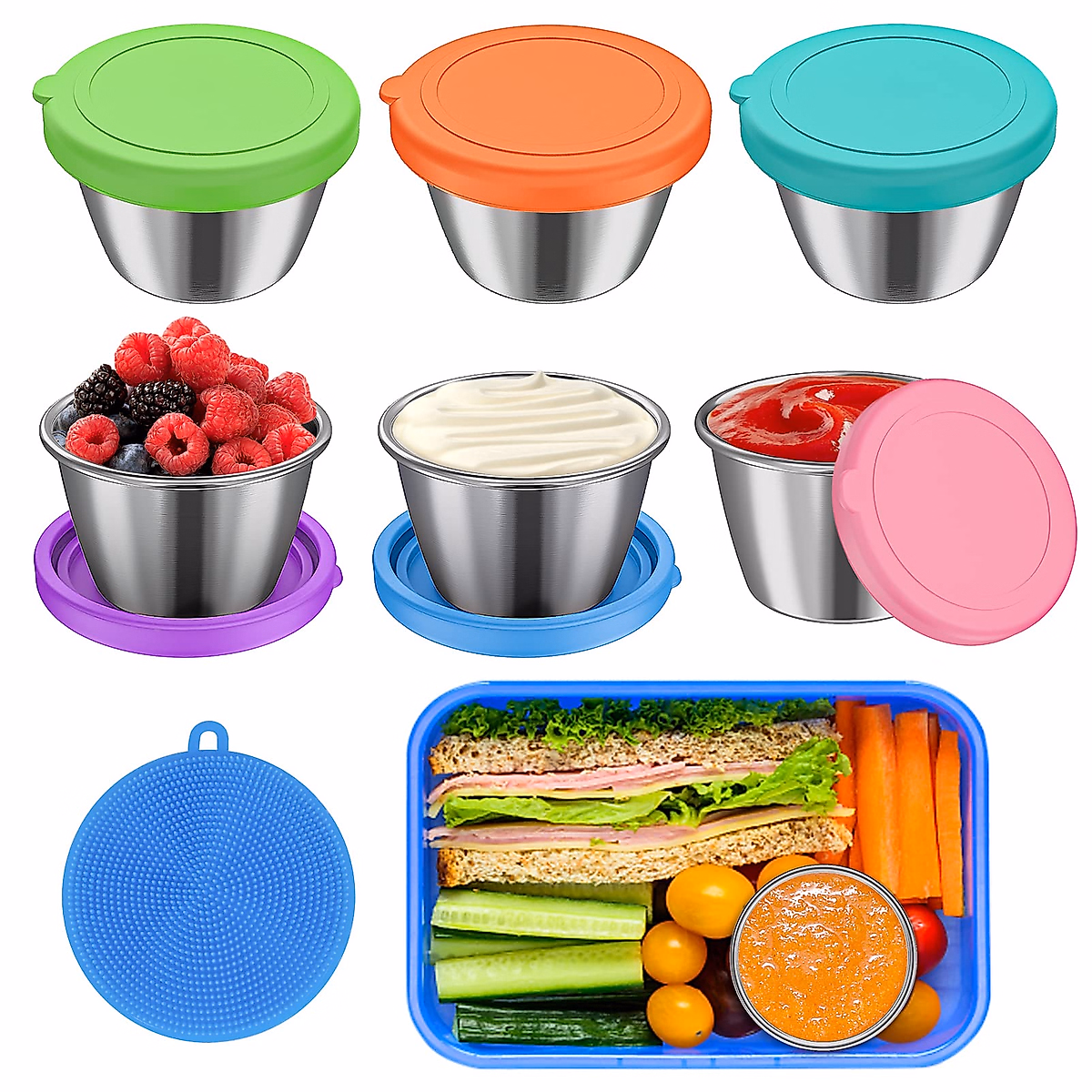 6x 2.4oz Salad Dressing Container to Go, Condiment Containers with Lids, Stainless Steel Sauce Cups Salad Dressing Container for Lunch Bento Box, Reusable,Leakproof