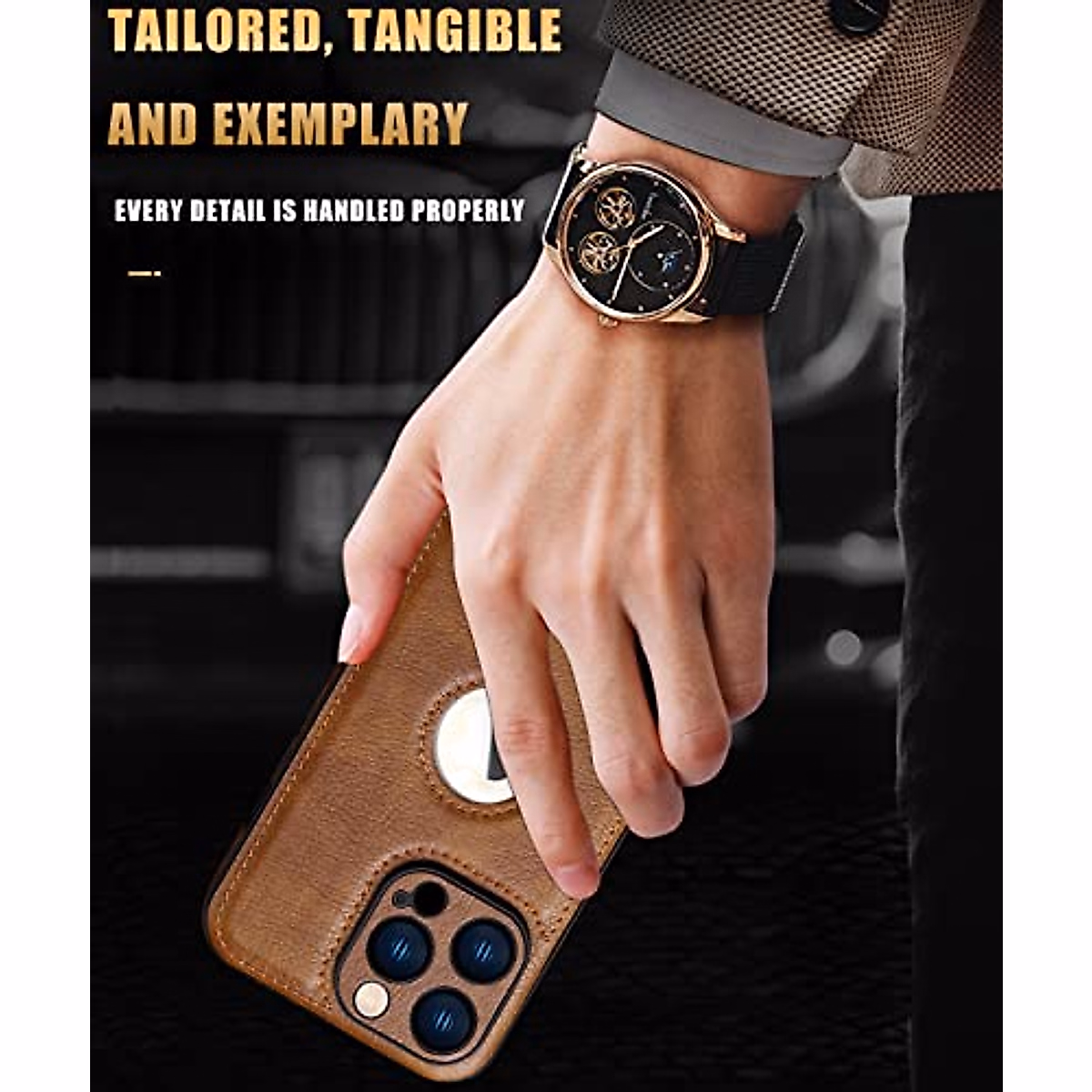 SunRemex for iPhone 14 Pro Max Case with Tempered Glass Screen Protector, Non-Slip Grip Vegan Leather Classic Luxury Elegant Thin Cover for iPhone 14 Pro Max(6.7") (Brown)