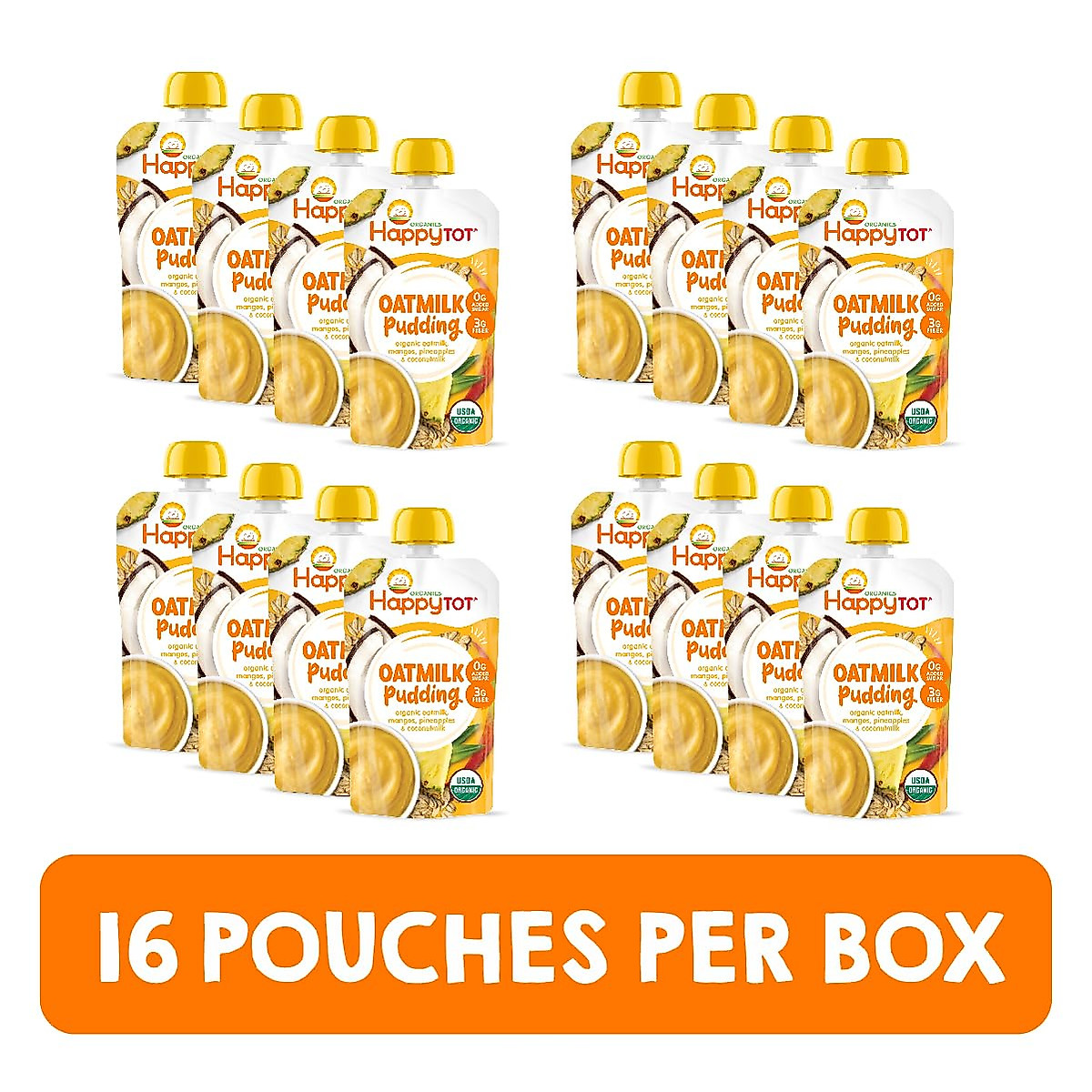 Happy Tot Organics Oatmilk Pudding, Dairy-Free, Stage 4 Toddler Snack, Oatmilk, Mangos, Pineapples & Coconutmilk, 4 Ounce Pouch, Pack of 16