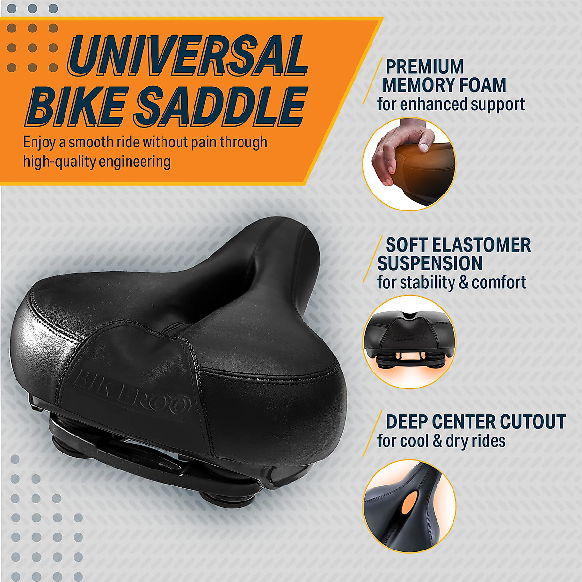 Bikeroo Bike Seat Cushion for Women - Universal Memory Foam Bicycle Seat for Mountain, Road, Exercise Bike - Comfortable Padded Bike Saddle Replacement w/Shock Springs, Black