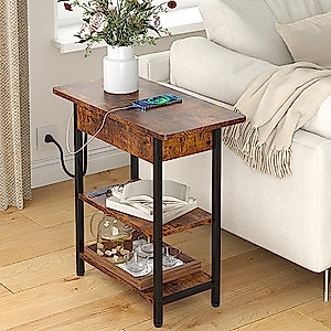 Yusong Narrow End Table with Charging Station, Slim Couch Side Table with USB Ports & Outlets, Flip-top Nightstand Bedside Table with 3 Shelves for Small Space in Living Room Bedroom,Brown