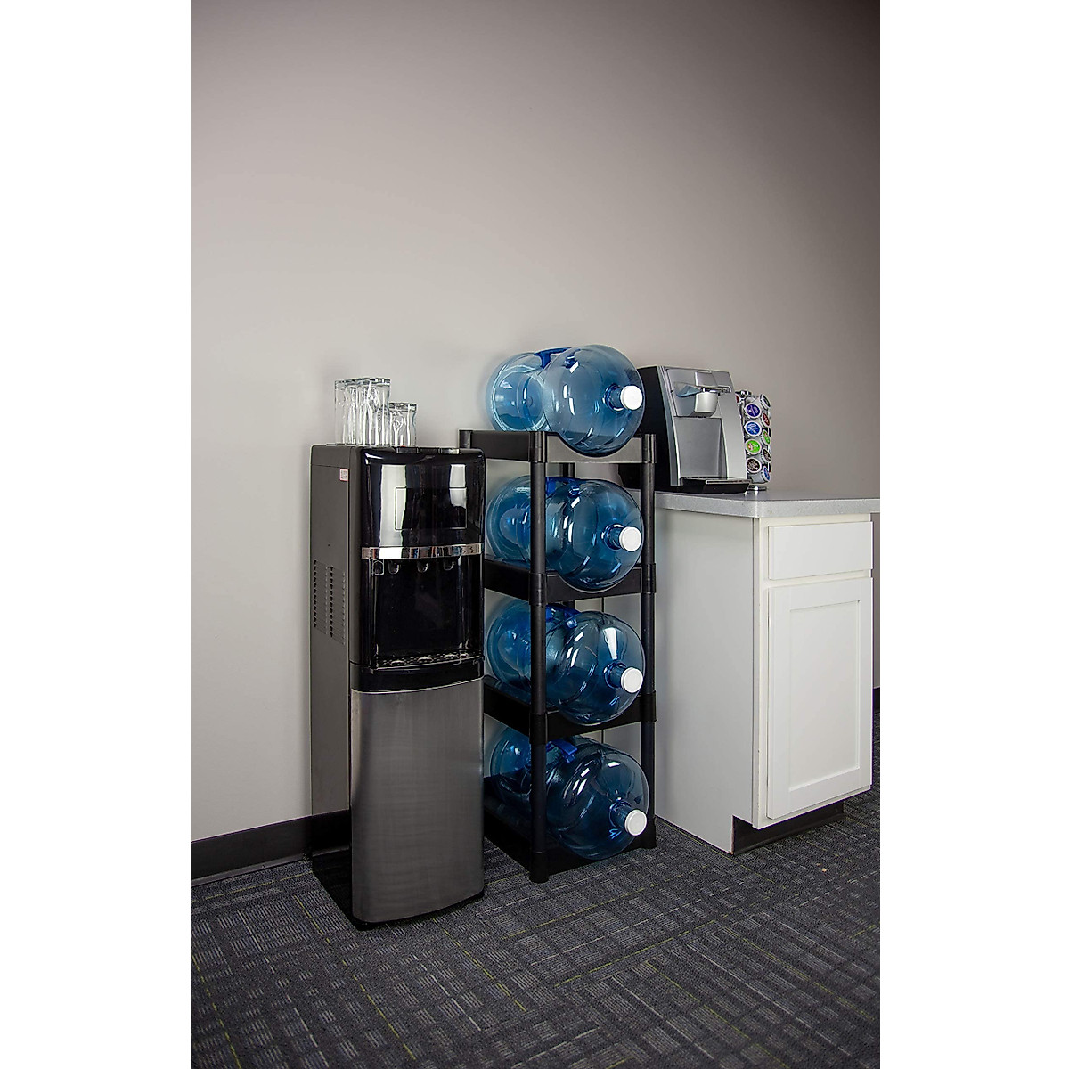 Bottle Buddy Water Racks - 3 and 5 Gallon Bottles - 4-Tray Jug Storage System - Free-Standing Organizer for Home, Office, Kitchen, Warehouse - Black