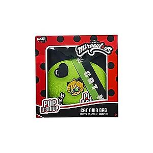 Miraculous Ladybug - Pop n' Swop Cat Noir Green Crossbody Bag with 4 Clip-on Badges, Cat Paw Zipper, Adjustable and Detachable Strap, Removable Ears, Lightweight Durable Waterproof Purse (Wyncor)