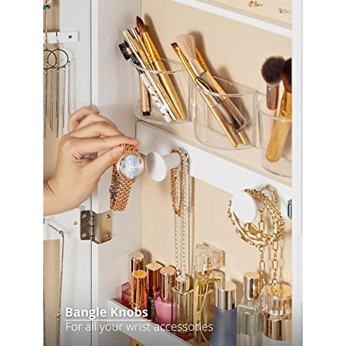 LUXFURNI Mirror Jewelry Armoire Cabinet with Storage, Door Hanging/Wall Mounted Cabinet Organizer with Brush Holder, White