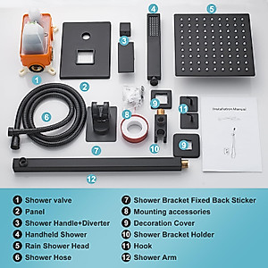 RTTWYYUU Matte Black Shower Head and Handle Set 10 Inch, Rain Shower Head with 2 Hooks, Luxury Rain Shower Set Square Wall Mount for Bathroom with Rain Shower and Handheld Shower System