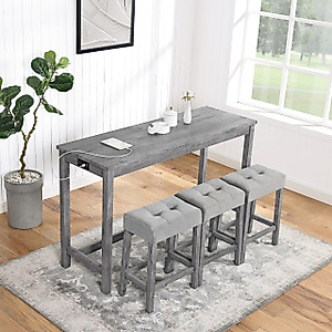 LKTART 4 Piece Bar Table Set Dining Bar Table and Chairs Set with Power Outlet Industrial Breakfast Table with 3 Padded Stools Rustic Bar Kitchen Dinning Room Living Room Grey