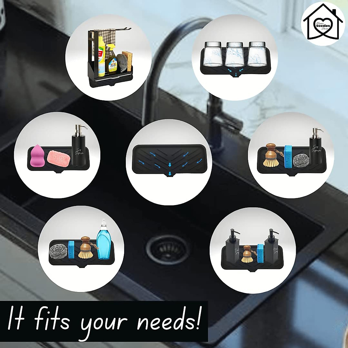 Home Goodies Store, Self draining, Silicone Kitchen Tray and Sponge Holder. Soap Dispenser and Scrubber Sink Caddy. Vanity Sink Accessory Organizer. Black 9'' x 4'' x 5/8''