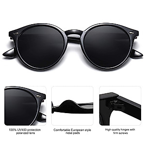 SOJOS Retro Round Polarized Sunglasses for Women Men Classic Vintage Sunnies SJ2069, Black/Grey
