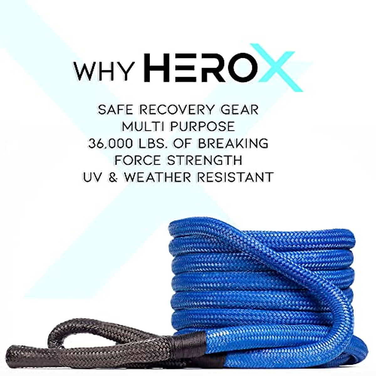 HEROX 1” x 30ft Kinetic Recovery Rope Kit - Offroad Tow Strap - Heavy Duty Tow Rope for Trucks ATV Vehicles SUV and UTV - Comes with 2 Soft Shackles and Storage Bag - Blue