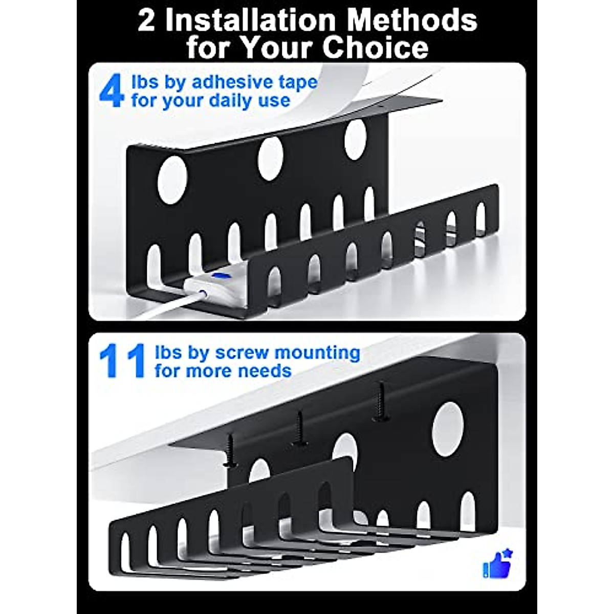Under Desk Cable Management Tray 2 Pack, Metal Cable Tray Basket for Wire Management, No Drill/Drill PC Cord Organizer for Home Office Computer Desk Cable Hider, 15.75x4.72x4.72in, Black Raceway