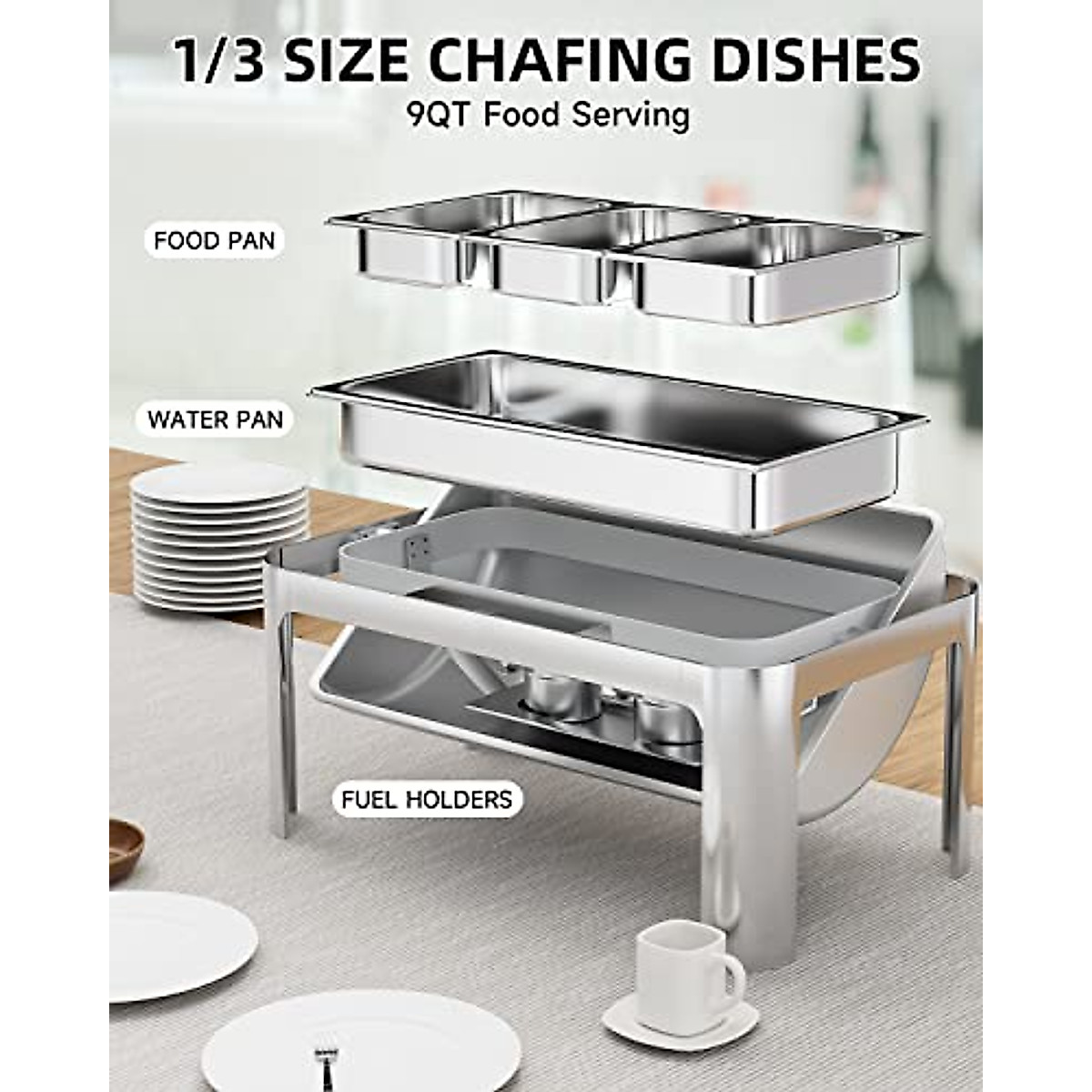 Halamine Roll Top Chafing Dish Buffet Set, 9 Qt Stainless Steel Catering Chafer Server with 3 1/3 Size Pans Rectangle Catering Warmer Server for Wedding, Parties, Banquet, Catering Events, Graduation