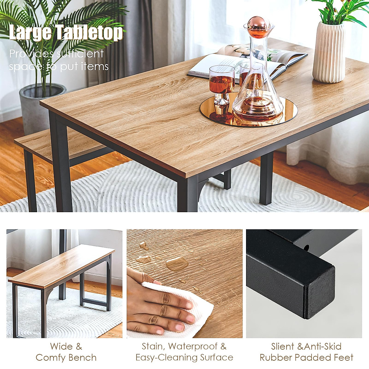 NAFORT 3-Piece Dining Table Set for 4, 43.5" Modern Kitchen Table Set w/2 Benches & Metal Frame, Space Saving Dining Room Table Set with MDF Wood Board, Ideal for Home, Restaurant, etc.