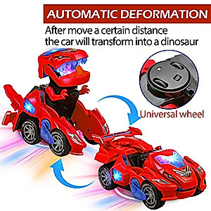 AMENON Transforming Easter Dinosaur Car Toys with LED Light Music Automatic Deformation Dino Race Car Toys for Kids Boy Girls Toddlers 3 Year Old and Up Birthday Holiday Easter Toy Gifts
