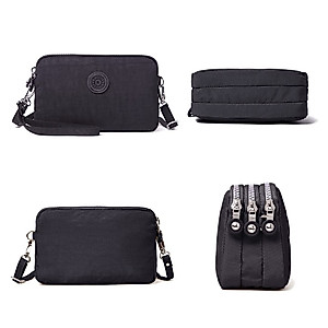 Mindesa Small Casual Crossbody Bags Triple Zip Clutch Wallet Waterproof Lightweight Cell Phone Shoulder Handbags(Black)