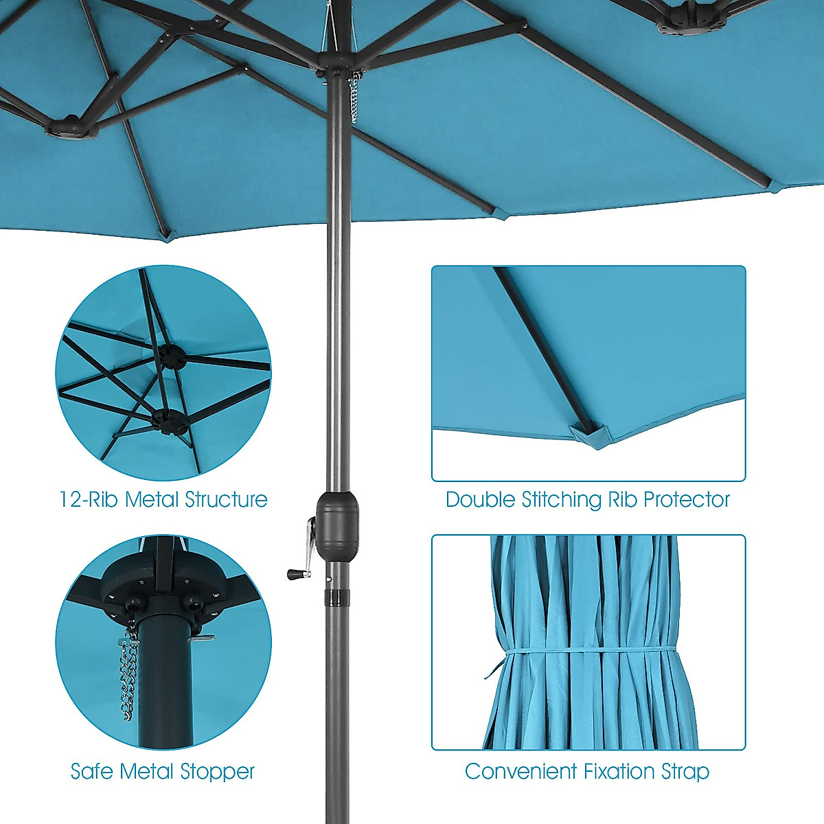 Tangkula 15Ft Double-Sided Patio Umbrella, Outdoor Extra Large Umbrella W/Hand-Crank System & Air Vents, Market Twin Umbrella W/ 12-Rib Sturdy Metal Frame for Poolside, Garden Backyard (Turquoise)