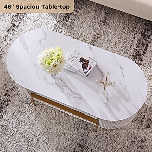 OKD Modern Luxury Fluted Coffee Table, 48" Oval Coffee Table with Drawer, Faux Marble Top, Curved Profile Design, Gold Metal Decor, Center Table for Living Room, Solid White
