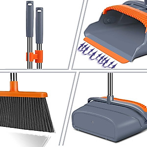 Generic Upgrade Broom and Dustpan Set, Self-Cleaning with Dustpan Teeth, Indoor&Outdoor Sweeping, Ideal for Dog Cat
