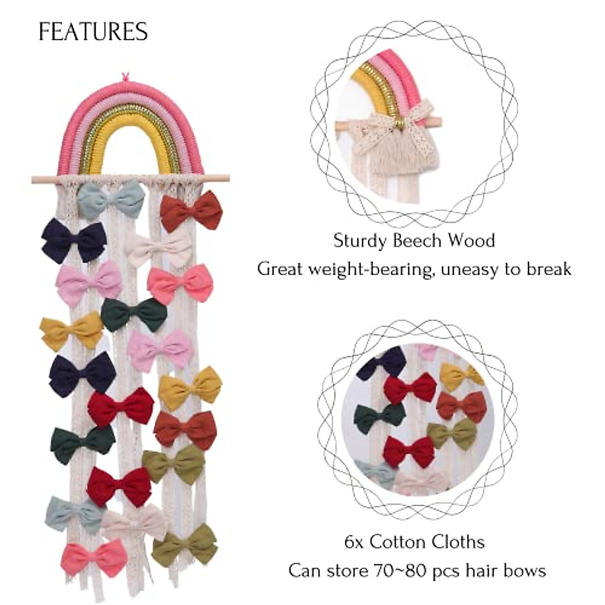 Boho Macrame Bow Holder & 20 Colors Linen Pigtail Bows | Wall Hanging Hair Clip Headband Rainbow Hanger Organizer Piggy Pig Tails Barrettes (Rainbow A)