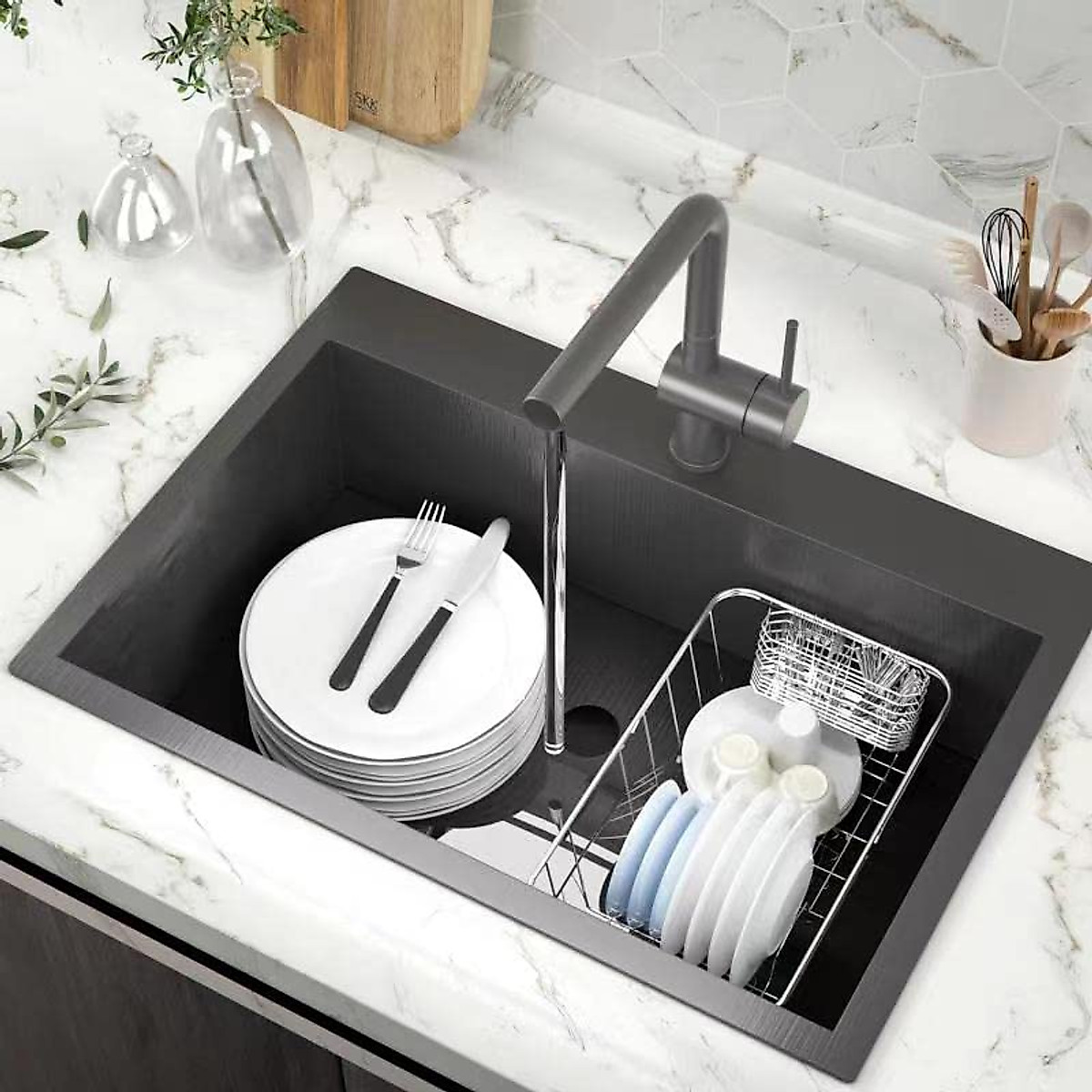 Sink Dish Drying Rack, 304 Stainless Steel Rustproof Expandable Dish Drainer Organizer with Stainless Steel Silverware Holder Over Inside Sink-Adjustable 14.96" to 20.59" （Maximium 7 Upright Dishes ）