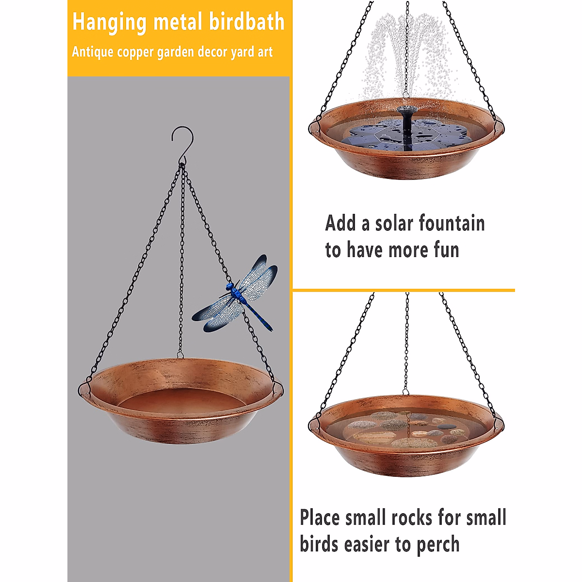 Keygift Hanging Bird Bath for Outdoor, Antique Copper Metal Bird Feeder Birdbath Bowl with 17” Rust-Proof Black Chains for Garden Backyard Decor