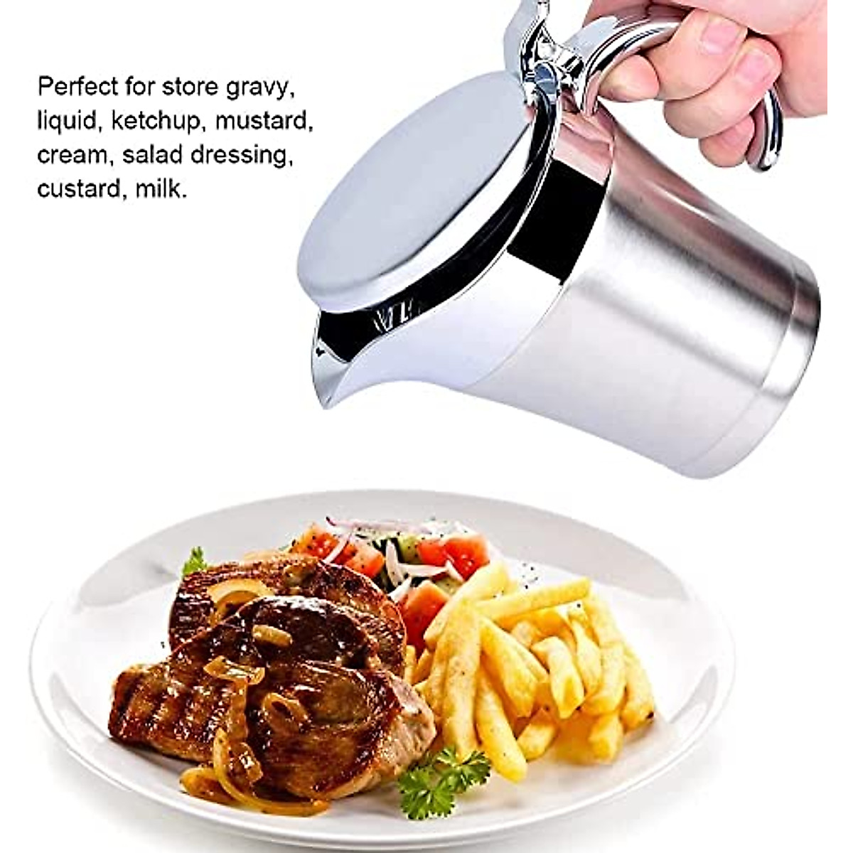 FOXDISK 304 Stainless Steel Double Insulated Gravy Boat 16 oz with Hinged Lid,Sauce Jug and Steak Sauce Pot Double Walled Insulated Thermal (16 oz/450ml)