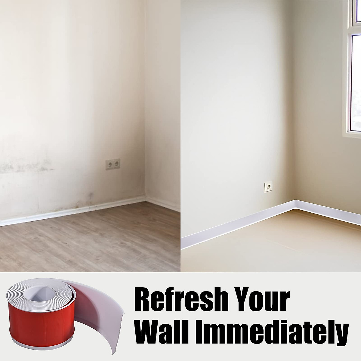 Flexible Baseboard Molding Trim, Vinyl Baseboard Molding 4 Inch x 20 Feet Self-Adhesive Peel and Stick Baseboard White for Wall Base Cove Base, Bedroom, Kitchen, Dining Room, Office, Rubber Baseboard