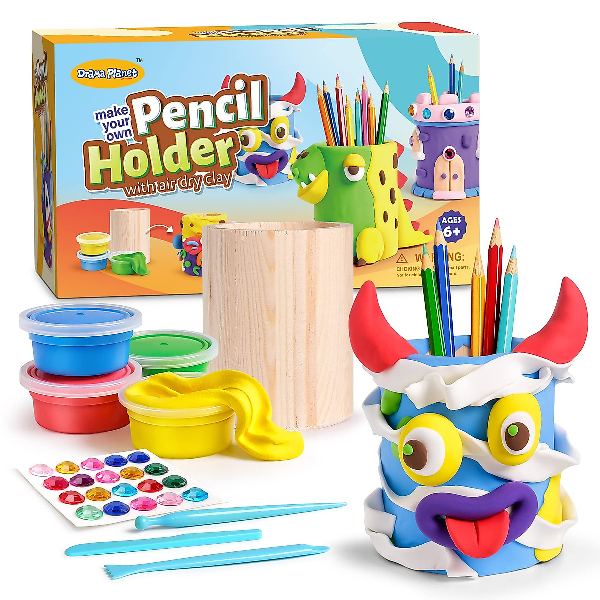Drama Planet Arts and Crafts Kit for Kids, Make Your Own Pencil Holder with Air Dry Clay, Modeling Clay for Kids, Gift for Boys and Girls Ages 6 7 8 9 10 Years Old and Up