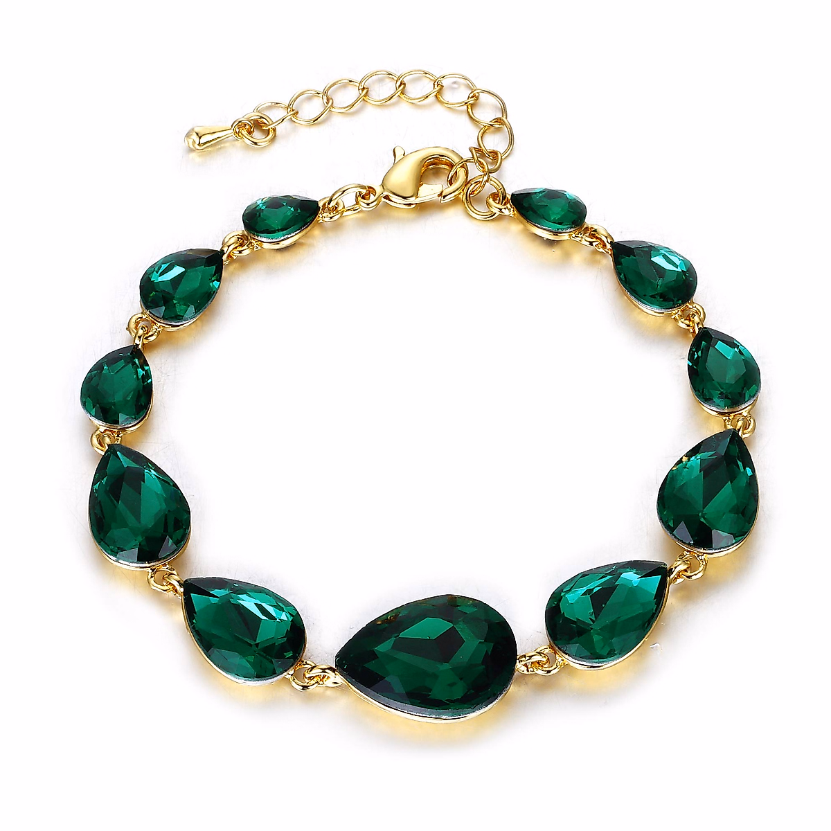 BriLove Wedding Bridal Crystal Bracelet for Women Multi Teardrop Bracelet Emerald Color Gold-Toned