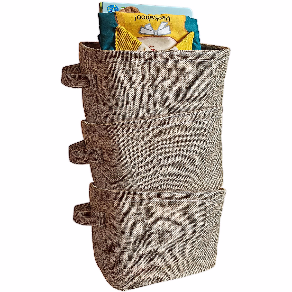 AARAINBOW Storage Basket Bins Canvas Mini Storage Cubes Storage Basket for Makeup, Baby Toys Liners, Books Nursery Storage Baskets with Handles for Shelves & Desks(3 Jute)