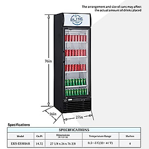 EKS 14 cu.ft. Commercial Refrigerators Glass Door 27'' W Drink Refrigerator Display Beverage Cooler Single Door Fridge Adjustable Shelves Drink Upright Merchandiser Reach In (1 Door, 14.72 cu.ft.)