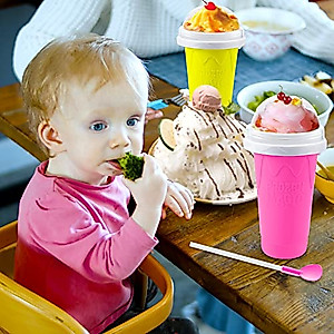 QwayHome 2PC Slushie Maker Cup,DIY Frozen Magic Slushy Cup,Double Layers Silica Smoothie Pinch Ice Cup,Quick Cooling Cup Homemade Milk Shake Ice Cream Maker (Yellow+Pink)