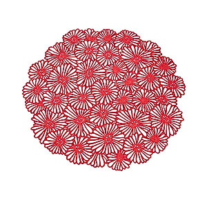 Floral Placemats Wipeable Vinyl Placemats 15 Inch Round Place Mats Farmhouse Kitchen Table Mats Heat Resistant Washable Pressed Vinyl Dining Table Mats Wedding Anniversary Decoration, Red