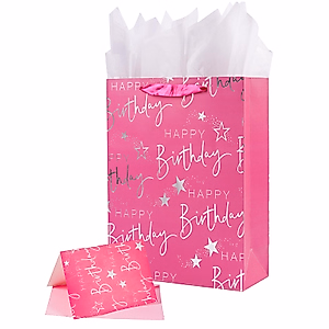 JWSCYSY 16.5" Extra Large Happy Birthday Gift Bag with Card and Tissue Papers, Huge Gift Bag for Kids Girls Birthday Party (Pink)