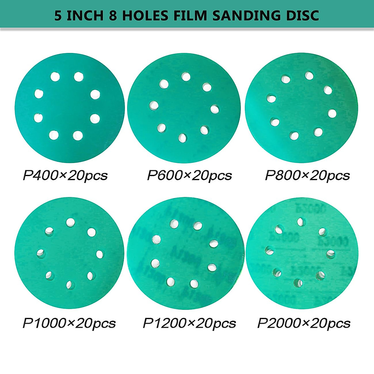 5 Inch 8 Holes Hook and Loop Sanding Discs,400/600/800/1000/1200/2000 Fine Grits Assortment, Sanding Film Replaces Sandpaper to Match Orbital Sanders for Wood,Metal and Automotive Paint.