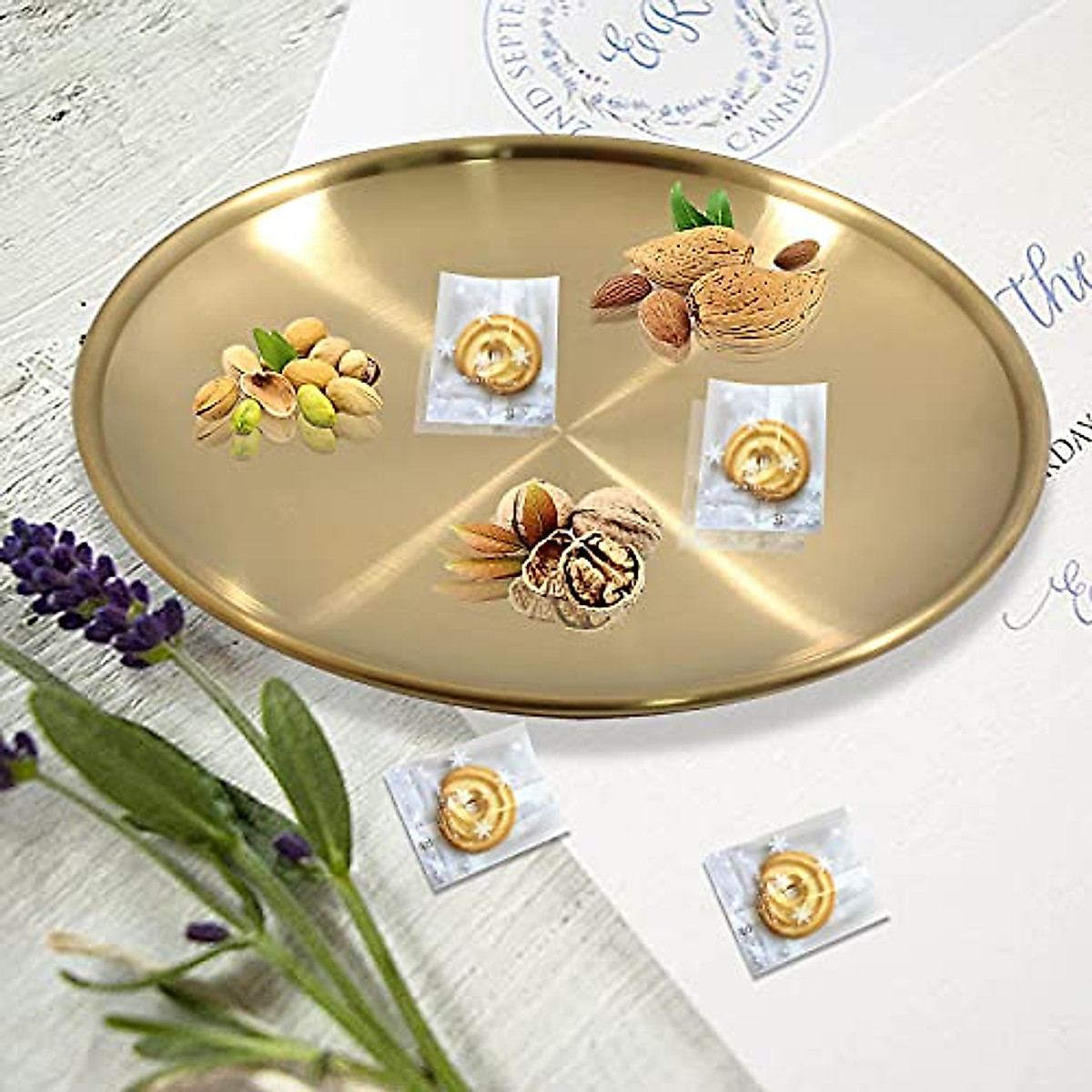 Jiozermi 6.69 Inch Stainless Steel Towel Tray, Serving Tray, Decorative Tray, Storage Tray for Cosmetics Jewelry Fruit Candy, Round, Gold