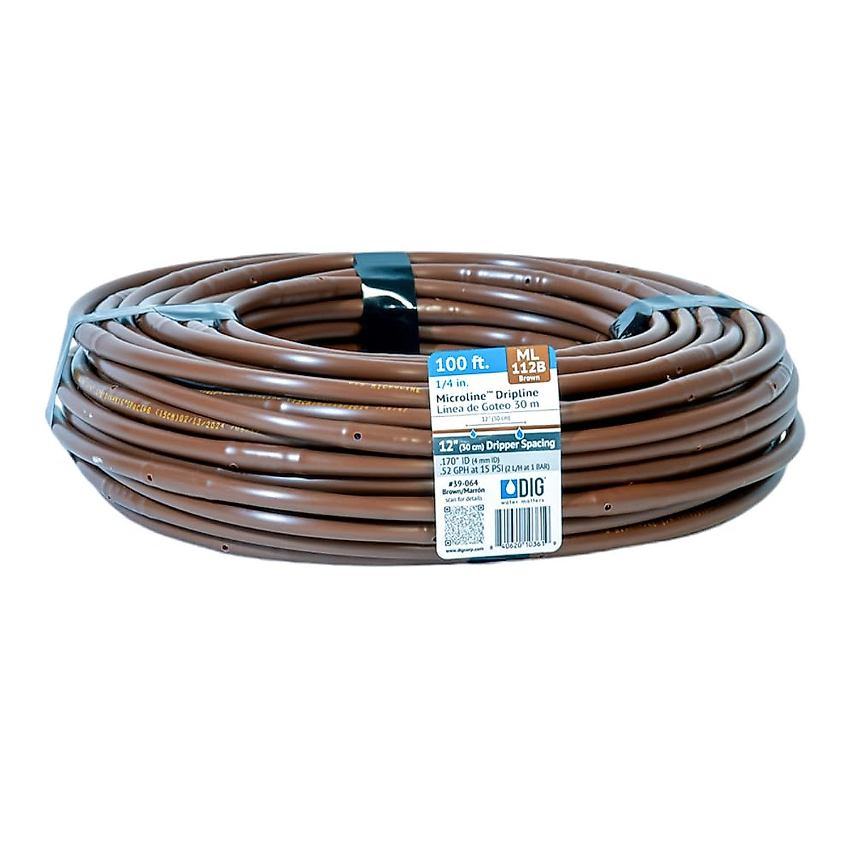 DIG ML-112B ¼” 100’ MICROLINE™ Dripline, 12” Dual Outlet Emitter Spacing, UV-Resistant Tubing for Efficient Irrigation | Ideal for Raised Beds | Flexible, Durable, Easy Installation (Brown)