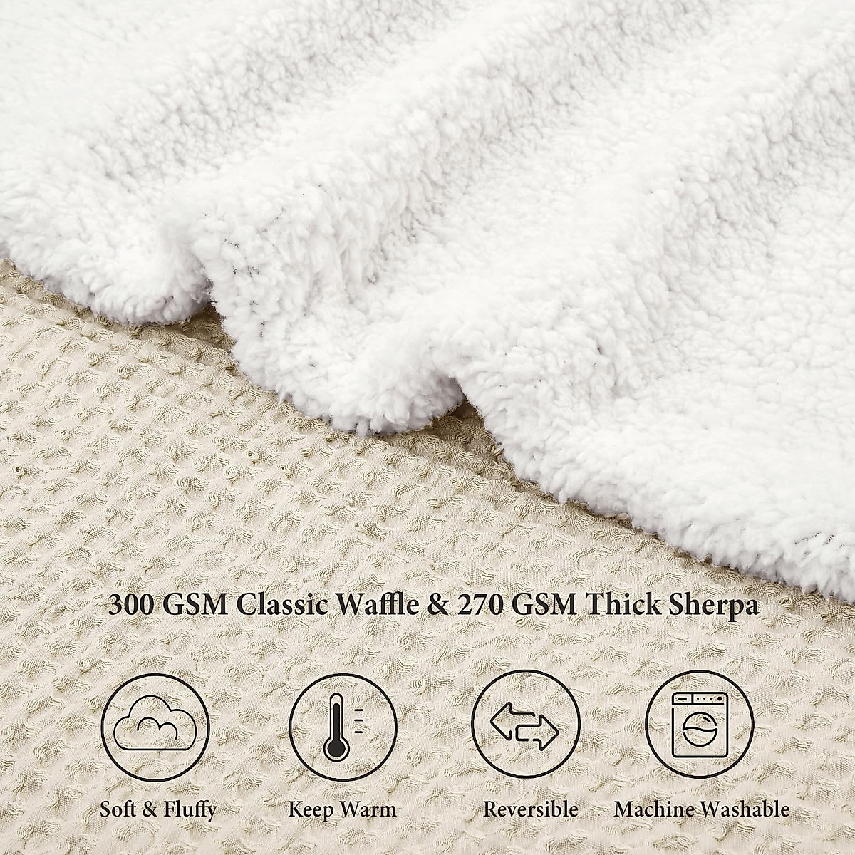 PHF Waffle Sherpa Blanket King Size, 104x90 Inches Luxury Plush Flannel Blanket for All Season, No Shed No Pilling, Cozy Soft Reversible Waffle Weave Fleece Blanket for Bed and Couch, Natural