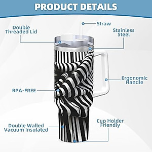 HULIBIN Black & White Stripe Print Double Deck Stainless Steel Travel Coffee Cup With Lid 40 Oz Ice Bully Cup