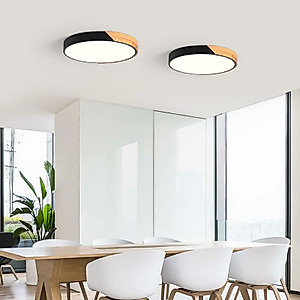 Vikaey Modern Dimmable LED Ceiling Light, Minimalist Wood Style 5CCT 2700K-6000K Flush Mount Ceiling Light Fixture, Round Lighting Lamp for Bedroom Living Room Dining Room Laundry, Black, 15.8"