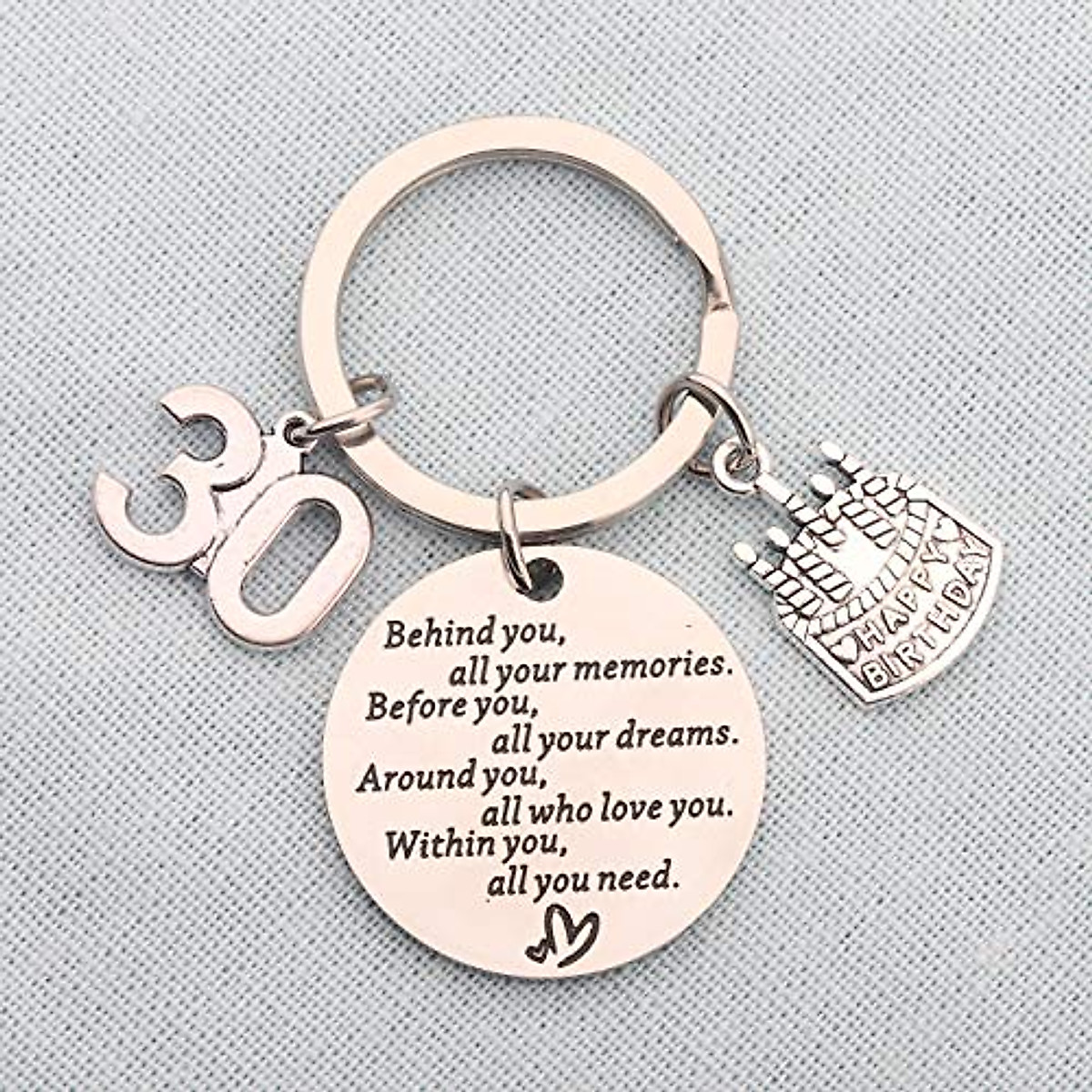 BEKECH Birthday Keychain Gifts for Him/Her,10th 12th 13th 14th 15th 16th 18th 30th 40th 50th Birthday Cake Birthday Key Ring Gift, Behind You All Memories Before You All Your Dream (30th)