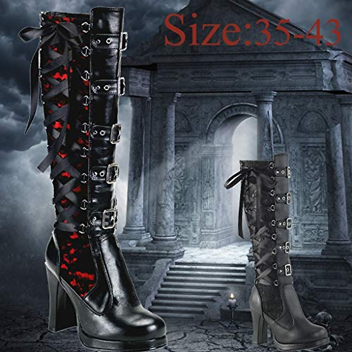 Tied Shoes Cross Boots Kneeth Leather Cosplay Gothic Women Fashion Platform Bows Long Lace Boots for Women Red