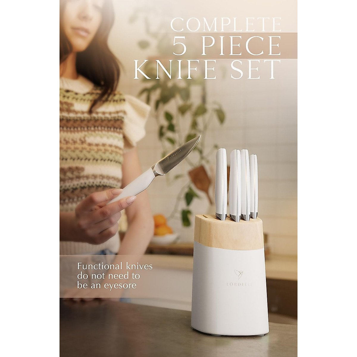 Lordelle Knife Block Set - 5 Piece Set - White Chantilly Snow - Lifestyle Home Kitchen Design - German X50 Stainless Steel - ABS Handle - Ash Wood Block - Cooking Chef Knife, Santoku, Paring, Utility