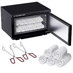Houseables Hot Towel Warmer Cabinet, UV, 11” x 17”, 1 Cabbie, 2 Pairs of Tongs, 5 Towels, Black, Metal, Cotton, Steamer, Light, For Spa, Salon, Barber, Facial, Massage, 18L